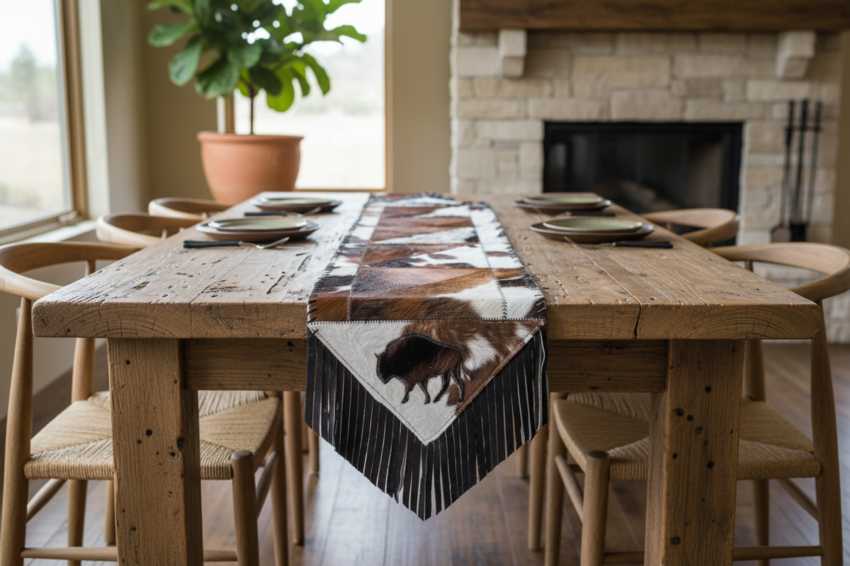 Cowhide Table Runners with Fringes - Tricolor Bison Design — Buffalo Depot